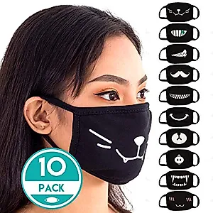 SoJourner Bags Black Face Mouth Mask - Cotton Face Covering (10 Pack) - Face Mask Resuable, Washable, Breathable, Adjustable - Adult and Child Size | Rave EDM Halloween Masks