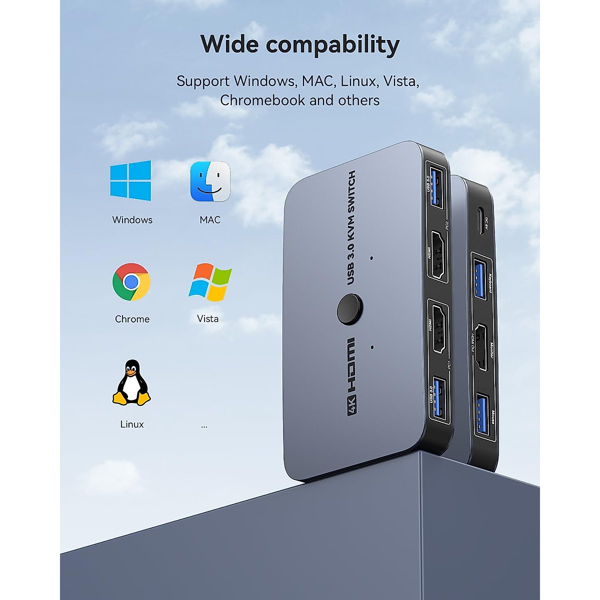 KVM Switch, ABLEWE Aluminum KVM Switch HDMI,USB Switch for 2 Computers Sharing Mouse Keyboard Printer to One HD Monitor, Support 4K@60Hz,2 HDMI Cables and 2 USB Cables Included