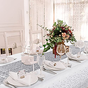 Tablecloth and Sequin Table Runner Set Polka Dots Confetti Table Cover Dining Plastic Table Cloths Glitter Decorations for Birthday Wedding Anniversary Party Supplies (White, Silver, 2 Pcs)