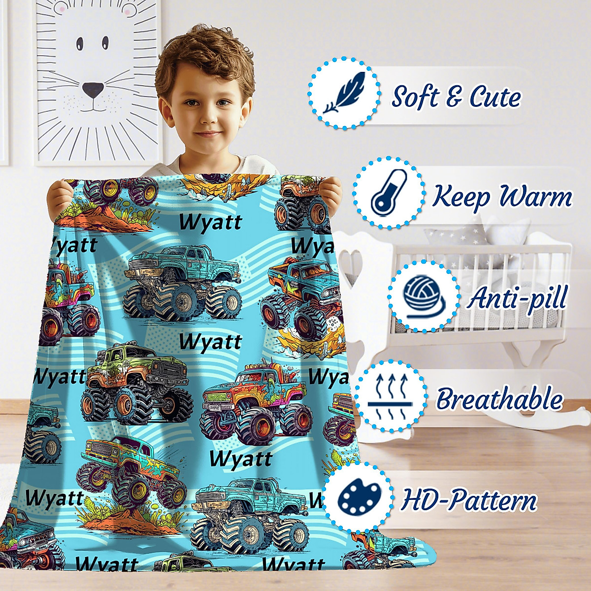 Personalized Car Blanket with Name for Boys, Customized Baby Blanket with Name for Boy, Soft Flannel Car Toddler Gifts for Christmas Birthday Memorial Day for Shower Children Bed 30"x40"