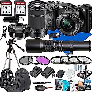 Sony a6400 Mirrorless Camera with Sony E 16-50mm f/3.5-5.6 OSS Lens+Sony E 55-210mm f/4.5-6.3 OSS+500mm f/8.0 Telephoto Lens 128Gig Momory Cards+Lens+Case+Photo Software(30PC) Bundle