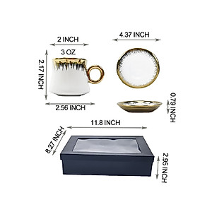 TGTAKDS Turkish Coffee Cup Set of 6 Demitasse Cups(3oz) with Golden Trim and Gift Box Espresso Cups with Saucer Sets for Festival Present