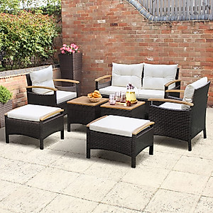 Tangkula 7 Pieces Patio Rattan Sofa Set, Outdoor Wicker Conversation Set w/Seat & Back Cushions, 2 Ottomans & 2 Coffee Tables, Acacia Wood Tabletop & Armrests, Wicker Sofa Set for Backyard, Poolside