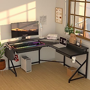 L Shaped Gaming Desk with Power Outlets, 51.5" Computer Desk with Cup Holder and Headphone Holder,Corner Desk Home Office Desk with Glowing Mouse Pad，Black