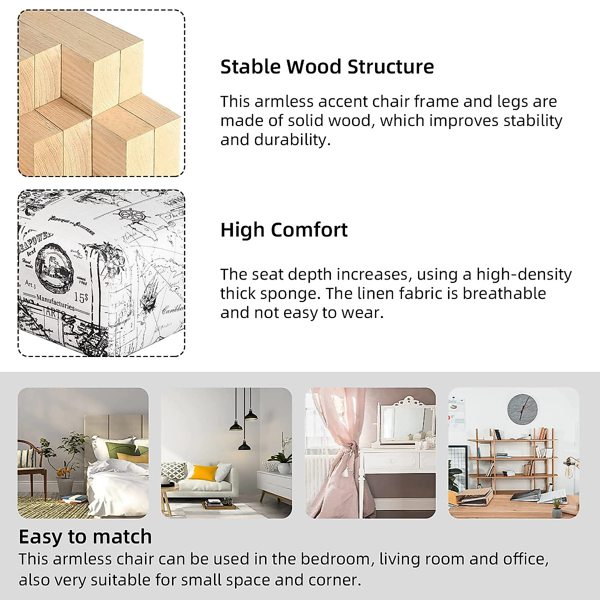 STHOUYN Modern Fabric Print Armless Accent Chair Decorative Corner Side Slipper Vanity Chair for Bedroom Desk, Living Room Furniture Map Design White