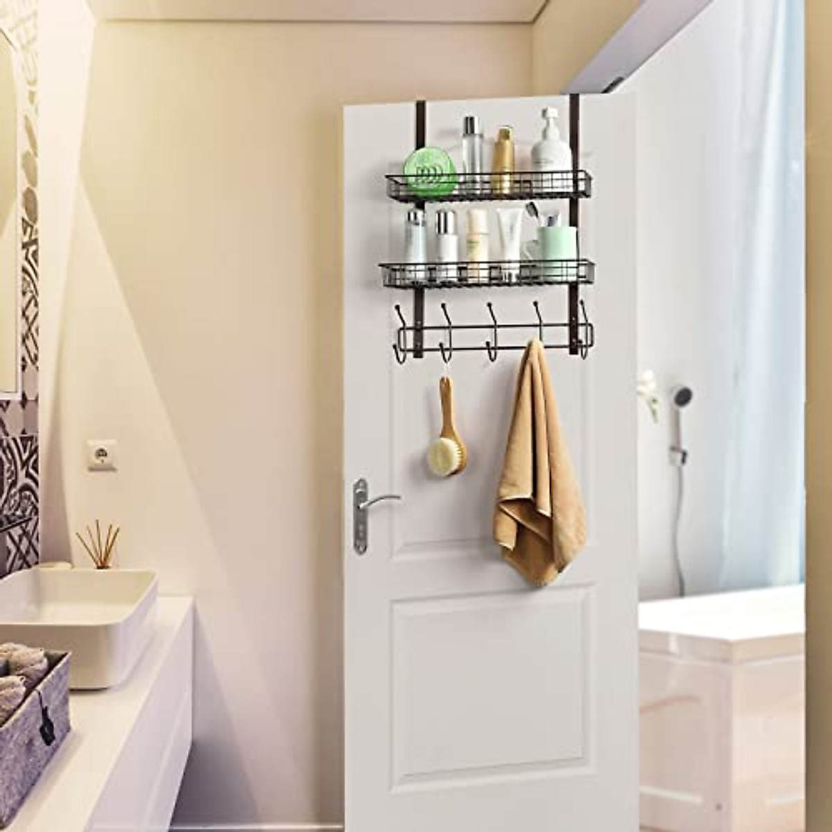 OYEAL Over The Door Hook Rack with 5 Hooks 2 Baskets Steel, Sturdy Durable Coat Rack Towel Hooks Hanging Organizer Shelves for Home Bedroom Bathroom Kitchen, Brown