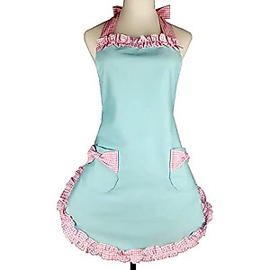 RosieLily Vintage Apron for Women with Pockets Retro Apron Cute Blue Apron Kitchen Aprons for Cooking Baking Pink Dress Kawaii Cotton Frilly Ruffle 50s Ladies Apron for Teen Girls Vintage Gifts