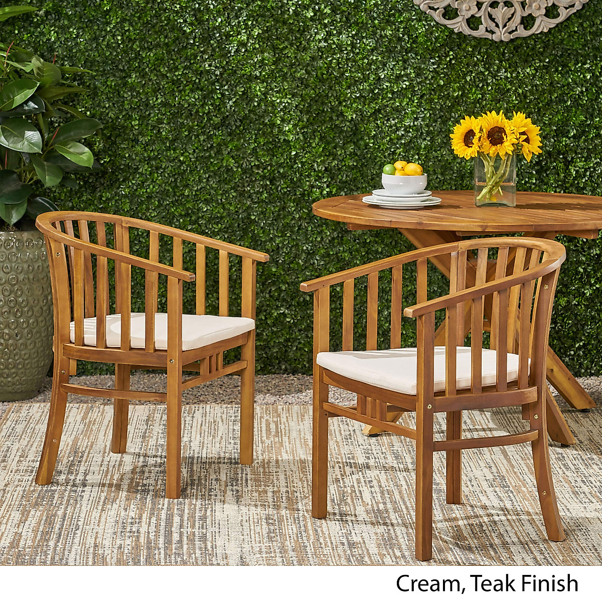 GDFStudio Outdoor Wooden Dining Chairs with Cushions (Set of 2), Cream and Finish