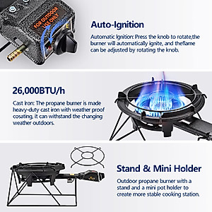 ARC 13" Single Propane Burner, Outdoor Propane Burner Stove, Cast Iron Portable Propane Burner Wok Burner With Sturdy Stand Hose And Regulator, Perfect For Outdoor (26000 btu)
