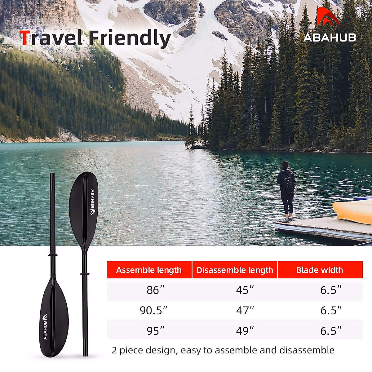 Abahub 1 x Kayak Paddles, 95 Inch Kayaking Oars for Boating, Canoeing with Extra Paddle Leash, Aluminum Alloy Shaft Black Plastic Blade