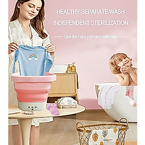 Portable Mini Folding Clothes Washing Machine for Baby Clothes/Underwear/Small Item,Lightweight Foldable Turbine Washers with Drain Basket for Home/Apartments/Travel,Pink