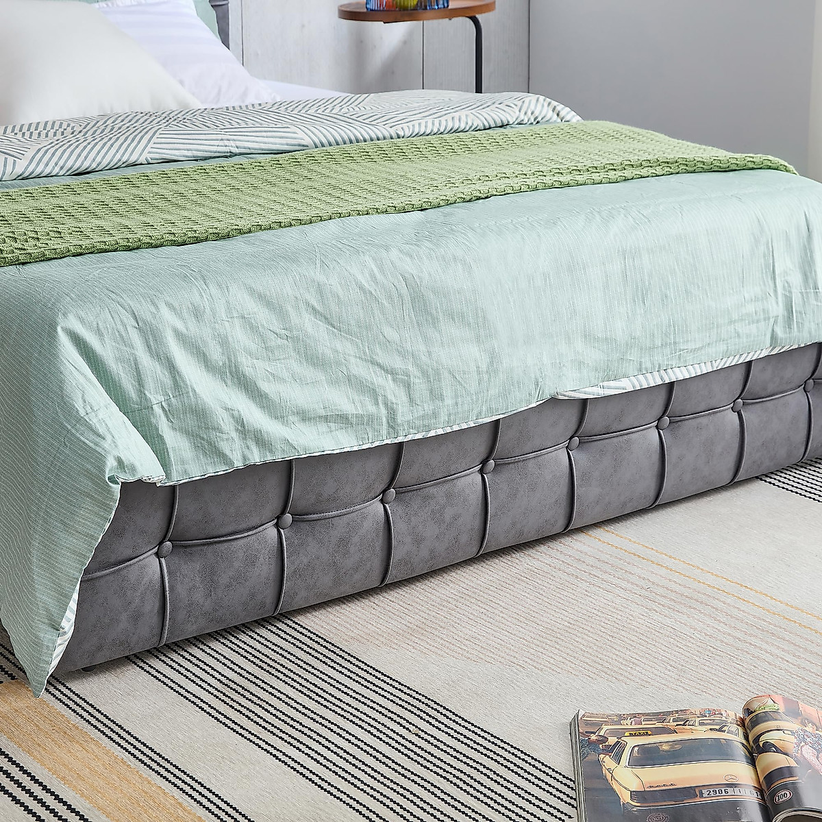 LAVHOME Size, Modern Upholstered Platform Adjustable Headboard, Heavy Duty Button Tech Cloth Bed Frame with Wood Slat Support, Easy Assembly, No Box Spring Needed (Grey, Queen (U.S. Standard)