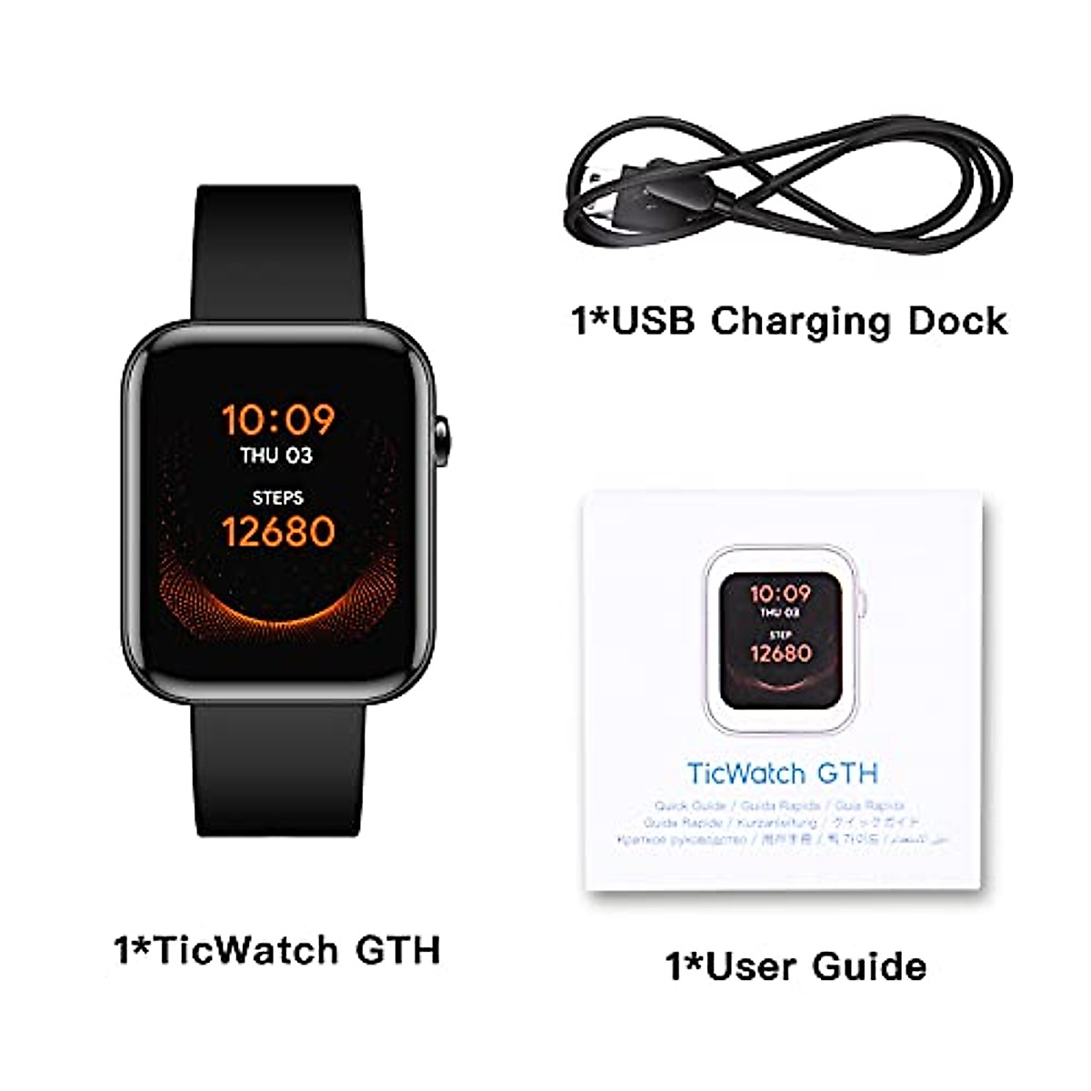 Ticwatch GTH smartwatch 24H Skin Temperature Measurement Blood Oxygen 24H Heart Rate Monitoring Sleep Tracking 5ATM Water Resistant Rating Stress Tracking 10 Days Battery Life Smart Watch