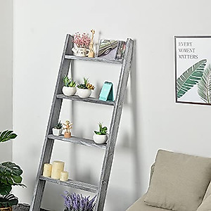 ExoLiry Rustic Stone Gray Wood Wall Leaning Ladder Wooden Display Rack 4.5 Feet Blanket Quilt Scarf Towel Laundry Decor 5 Rungs Farmhouse Country Style Home Bathroom Kitchen Bedroom Living Room