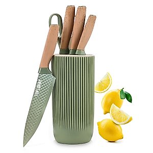 Kitchen Block Knife Sets, 6-Pieces Green Chef Knife Set with Removable Round Block, Non-stick & Non-slip Stainless Steel Sharp Knife Set for Restaurant Home Cooking, Gifts for Mom Wife Girl (Green)