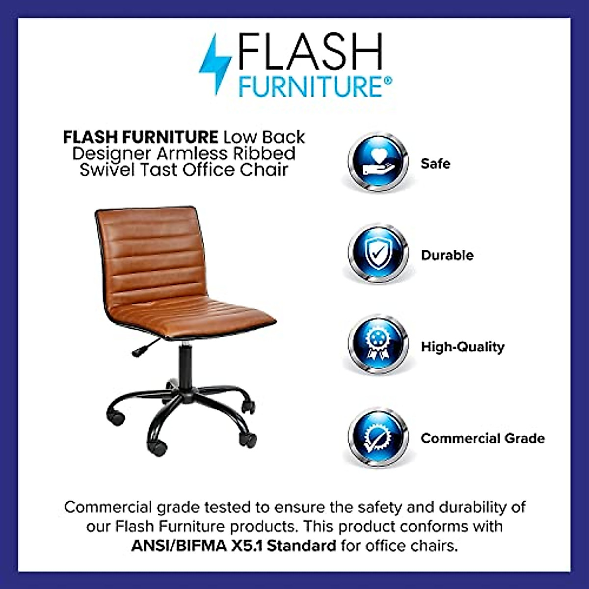 Flash Furniture Office Task Chair - Brown Vinyl - Black Frame - Armless - Ribbed Back and Seat - Low Back Design