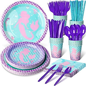 200Pcs Mermaid Paper Plates and Napkins Set,Mermaid Birthday Party Supplies Disposable Dinner Tableware Plates Napkins Cups Knives Spoons Fork for Mermaid Kids Birthday Party Decorations,Serve 25Guest