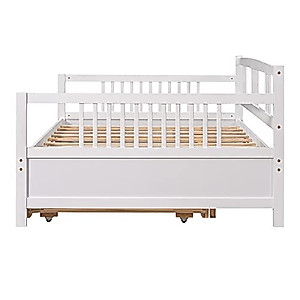 Lepfun Full Daybed with Twin Size Trundle, Wood Full Size Bed Frame with Rails in Three Sides, Full Sofa Bed for Living Room, Bedroom, Apartment, Dorm, No Box Spring Needed (Full, White)