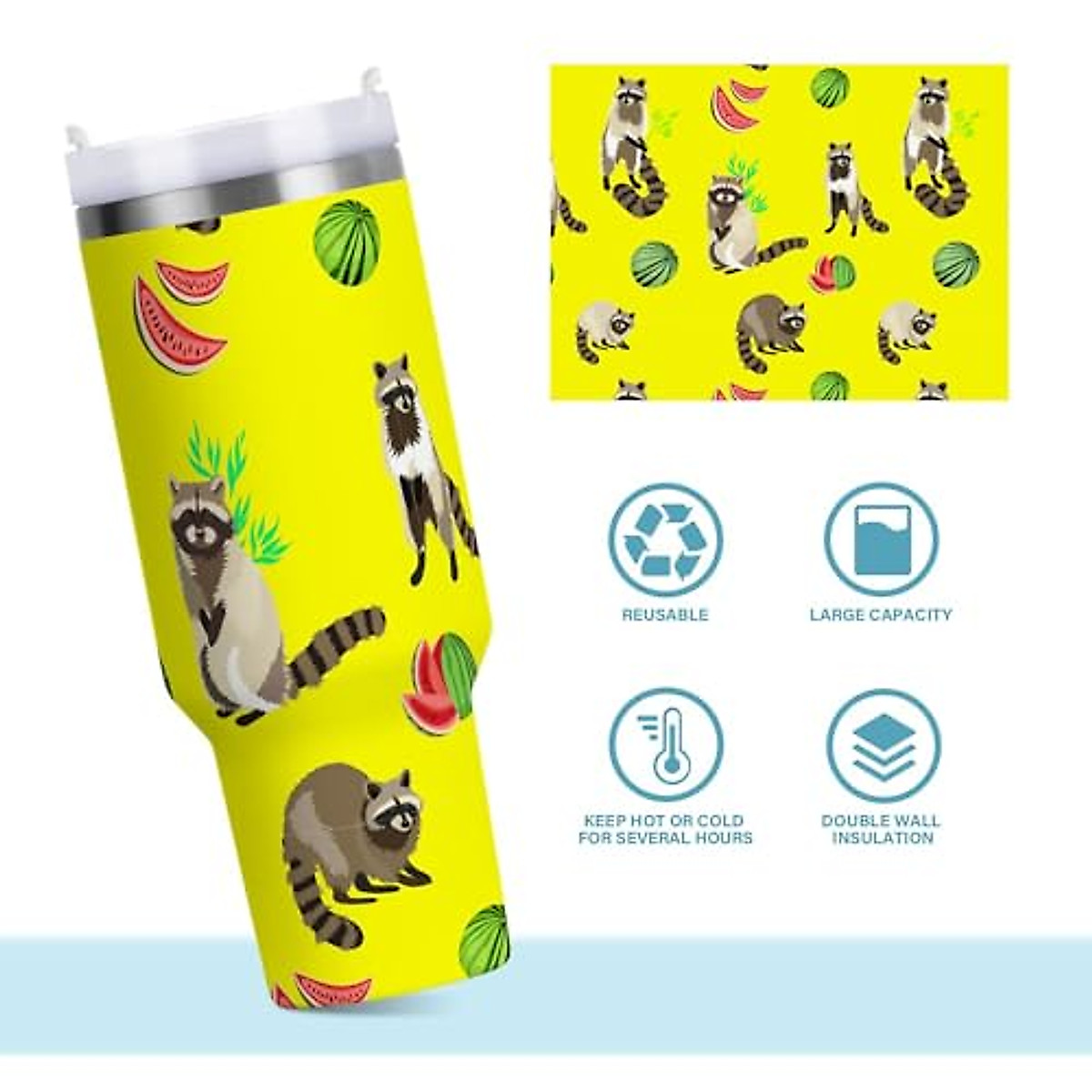 DIGTIA Stainless Steel Insulated Tumbler w/Handle & Straw, Raccoon Cute Double Wall Vacuum Travel Coffee Mug Cup w/Lid, Leak-Proof Sports Fluffy Water Bottle,30oz