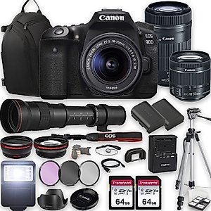 Canon EOS 90D DSLR Camera w/EF-S 18-55mm f/4-5.6 is STM Lens + EF-S 55-250mm f/4-5.6 is STM Lens + 420-800mm f/8.3 HD Lens + 2X 64GB Memory + Case + Filters + Tripod + More (35pc Bundle)