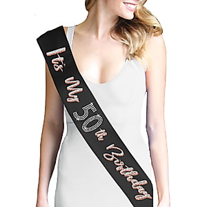 50th Birthday Sash - Premium GRADE SATIN & Real CRYSTAL Rhinestone It's My 50th Birthday Rose Gold & Silver Glitter Sash - Black Sash(ItsMy50Bday Gltr) BLK