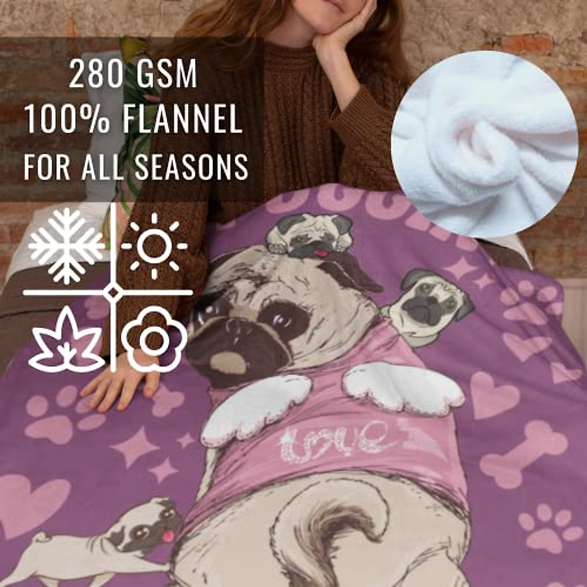 InnoBeta Pug Blanket, Pug Gifts, I Puggin’ Love You, Pug Flannel Blanket for Pug Lovers, Soft Throw Blanket for Women, Girlfriend, Besties, Wife, Bed, Sofa Blanket 50"x 65"