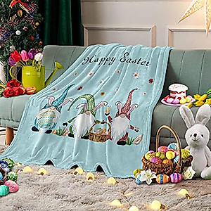 Throw Blankets Happy Easter Gnomes Basket Eggs Fuzzy Soft Bed Cover Bedspread Microfiber Luxury Blanket for Travel Stadium Camping Couch Sofa Chair Blue
