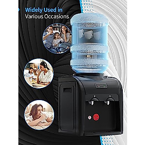 TABU Countertop Water Cooler Dispenser, Top Loading Water Cooler, Hot & Cold Water Dispenser, Holds 3 or 5 Gallon Bottle, with Anti-Scalding Design and Child Safety Lock for Home, Office Use (Black)