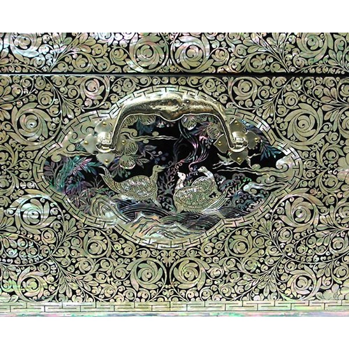 Mother of Pearl Inlay Decorative Long Life Symbols Design Lacquer Wooden Handcrafted Art Jewelry Wedding Trinket Keepsake Treasure Box Ring Case Chest Organizer