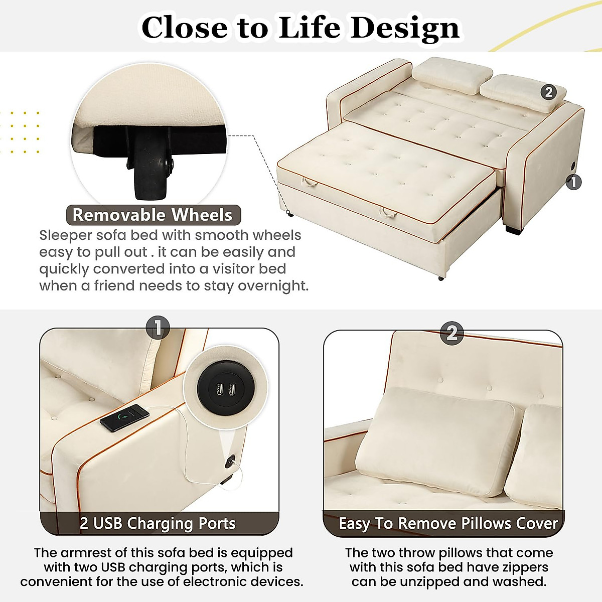 YiMiYom 65.7" Full Size Sleeper Sofa Bed, 3-in-1 Pull Out Sofa Bed Couch, Velvet Loveseat Sofa Sleepers with Extra Thick Cushion, 2 Throw Pillows, 2 USB Port and Adjustable Backrest (Beige)