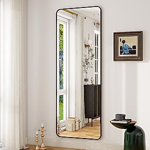 HARRITPURE Full Length Mirror 64"x21" Rounded Corner Aluminum Frame Black Full Body Floor Mirror Rectangle Standing Mirrors for Living Room Bedroom Cloakroom