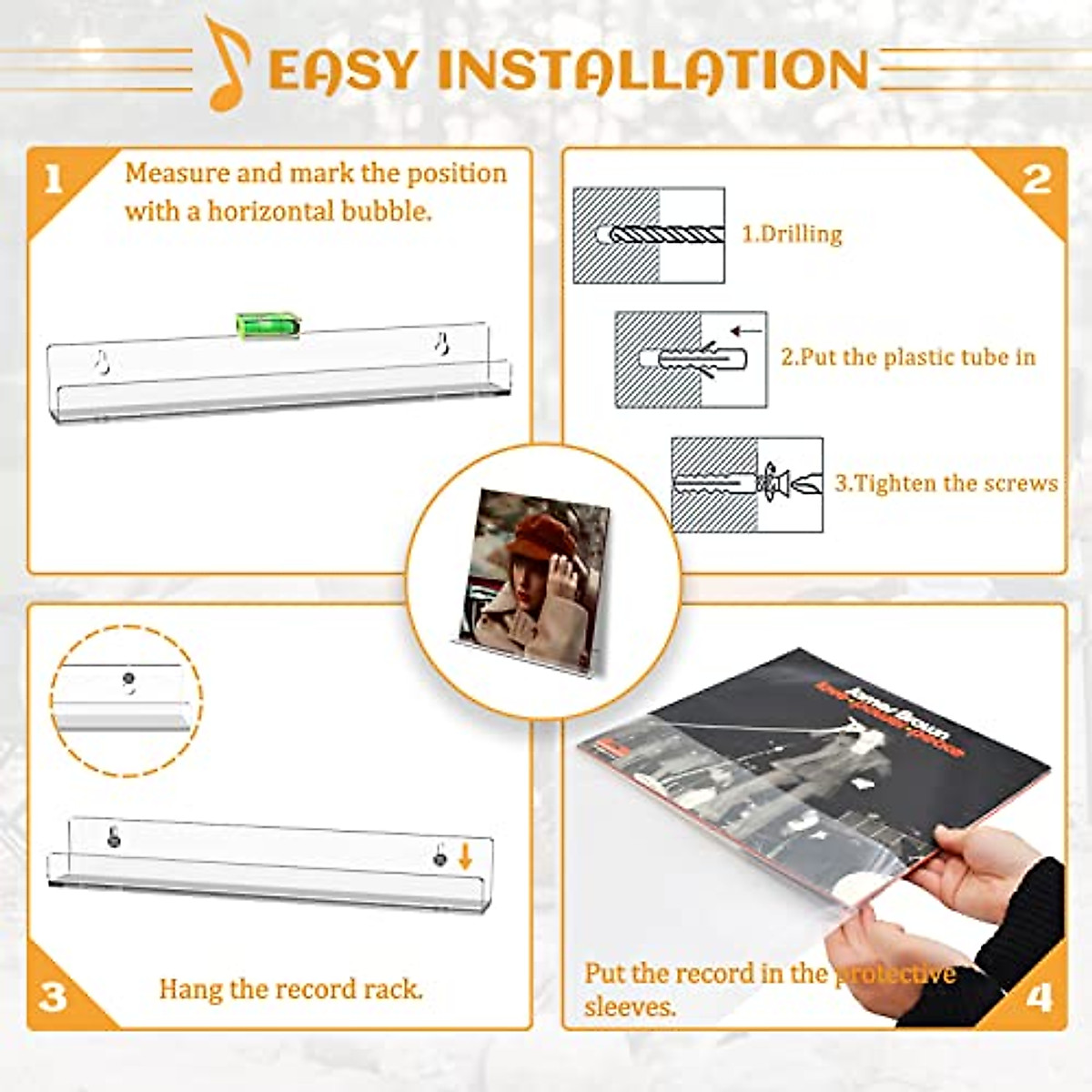 6 Pack Vinyl Record Display Shelf with Record Outer Sleeves, LASZOLA 3 Size Acrylic Record Wall Mount Holder Display Rack Clear Floating Shelves with Album Protector Sleeves - 7inch, 12inch, 15inch