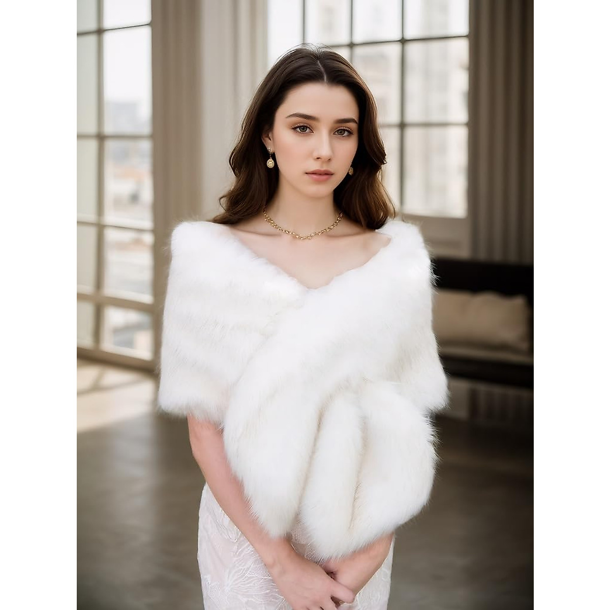 DJBM Women's Faux Fur Shawl Wraps Cloak Coat Sweater Cape for Evening Party Ivory/Brown