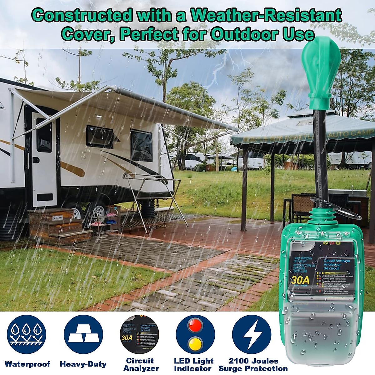 I LITTON RV Surge Protector 30 Amp 2100 Joules Waterproof Surge Protector with Cover 30 Amp Circuit Analyzer with LED Indicator 30 Amp Power Defender for RV Camper Travel Trailer Motorhome