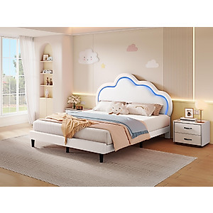 YITAHOME Queen Upholstered Bed Frame, Smart LED Bed Frame with Adjustable Cloud Headboard, Platform Bed Frame Queen Size with Wooden Slats Support, No Box Spring Needed, Easy Assembly, White