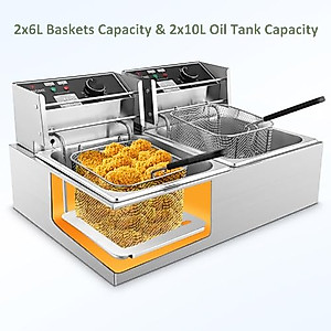 Commercial Deep Fryer, 3400W Electric Deep Fryers with 2x6.35QT Baskets 0.8mm Thickened Stainless Steel Countertop Oil Turkey Fryer 20.7QT Large Capacity with Temperature Limiter