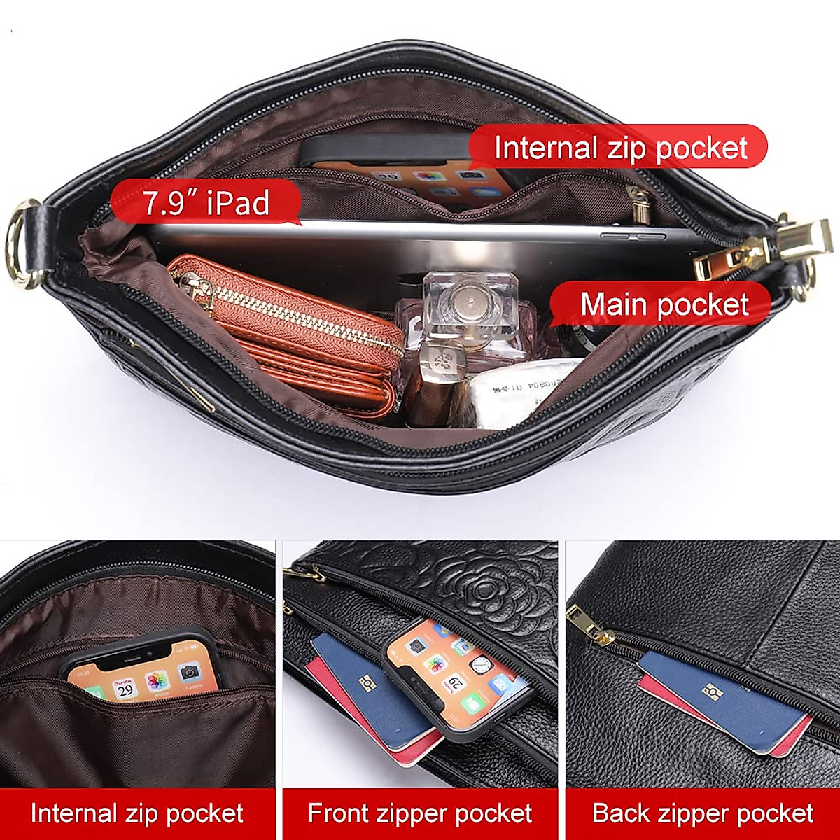 Aslana Floral-Embossed Genuine Leather Shoulder Crossbody Bag Handbag for Women (Floral-Embossed Black)