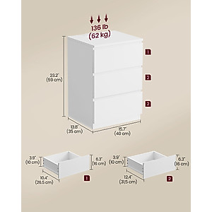 VASAGLE Nightstand with Charging Station, 2 AC Outlets and 2 USB Ports, Bedside Table, Side Table with 3 Drawers, Modern Style, 13.8 x 15.7 x 23.2 Inches, Cloud White ULET631W16