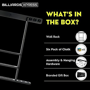 Pool Cue Rack - Pool Stick Holder Wall Mount With 16 Ball Holders & 6 Pack Of Chalk - Rubber Circle Pads & Large Clips Prevent Damage - Compact Billiard Table Accessories For Man Cave (Black)