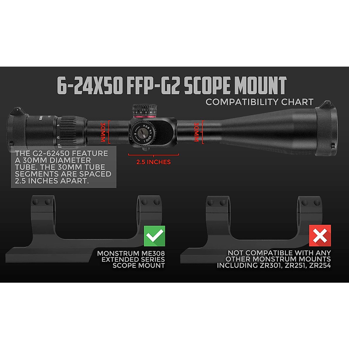 Monstrum G2 6-24x50 First Focal Plane FFP Rifle Scope with Illuminated Rangefinder Reticle and Parallax Adjustment | Black