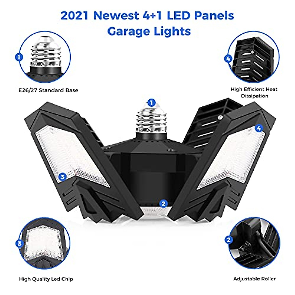 VSATEN 2 Pack LED Garage Lights 80W, Deformable Garage Lights Ceiling LED with 4+1 LED Panels, 8000LM E26/E27 Base LED Shop Light for Garage Workshop Warehouse Barn, Ultra Bright Workshop Light
