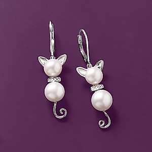 Ross-Simons 7.5-9mm Cultured Pearl and Diamond-Accented Cat Drop Earrings in Sterling Silver