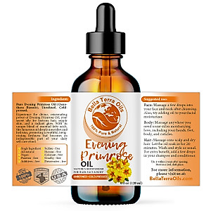 Bella Terra Oils - Organic Evening Primrose Oil 4oz - Unveiling the Richness of Cold-Pressed Organic Evening Primrose, Abundant in Vitamin F & Essential Fatty Acids for an Enhanced Glow