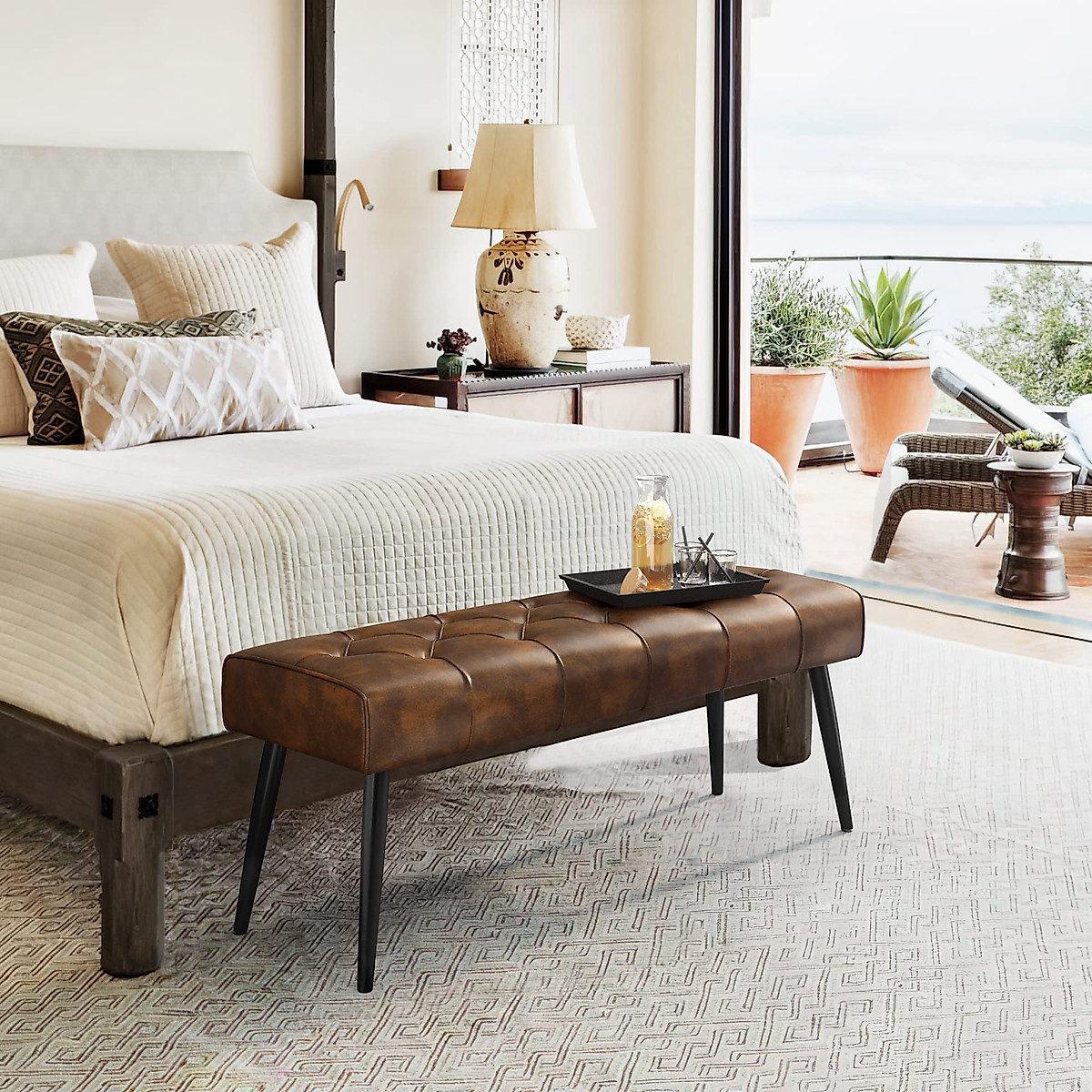 LUE BONA Button-Tufted Ottoman Bench, 44.5'' Faux Leather Upholstered Bedroom Bench, Padded Entryway Bench, End of Bed Bench with Metal Legs, for Decorative, Living Room, Dining Room, Yellowish Brown