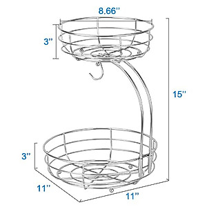 Bextsrack 2-Tier Countertop Fruit Basket Bowl with Banana Hanger, Metal Wire Fruits Stand Holder Storage Organizer for Kitchen, Silver