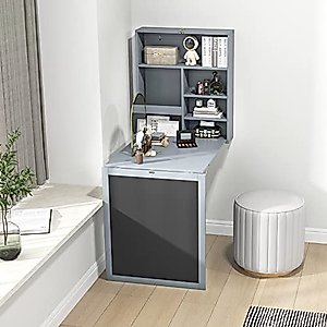 IFANNY Folding Wall Desk, Wall Mounted Fold Out Desk with Storage Shelves & Hooks, Hideaway Desk Wall Mount with Chalkboard, Floating Corner Desk for Small Spaces (Gray)