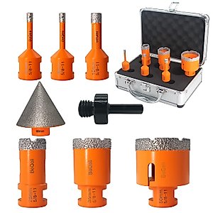 Diamond Core Drill Bits Set 8pcs Tile Hole Saw Kit for Porcelain Tile Ceramic Marble Brick Granite with 5/8-11 Thread(6/8/10/25/35/50mm+50mm Beveling Chamfer Bit Tile Cone+Hex Shank Adapter)