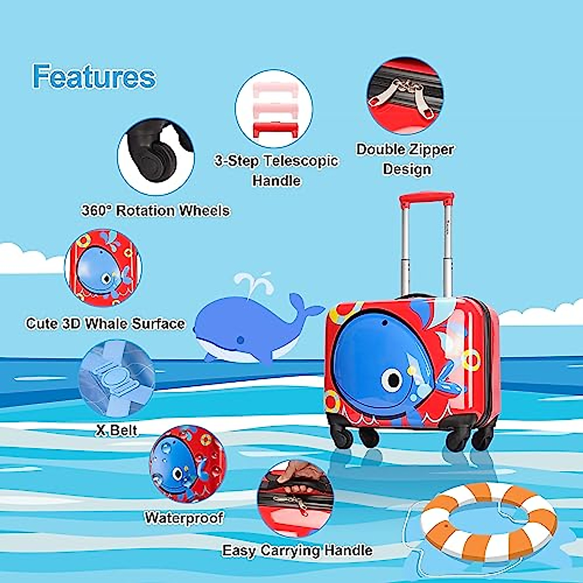 GinzaTravel 3D Little Whale Cute Children's Luggage Sit and Ride Trolley Case 18-inch Universal Wheel Travel Case for Boys and Girls