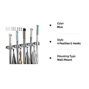 Bosszi Mop and Broom Holder, 4 Positions 5 Hooks Heavy Duty Mop Hanger Wall Mounted Stainless Steel Organizer for Home Laundry Bathroom, Garage Storage Systems Utility Tools Rack