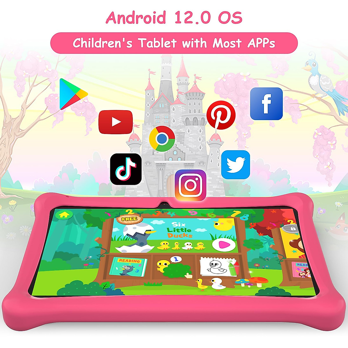 SGIN 10.1 inch Kids Tablet Android 12, 64GB ROM 2GB RAM(TF Card 512GB), Pre-Installed iWawa, Parental Control, 2.4G/5G WiFi, BT4.2, Dual Camera, Educational, Toddler Tablet Shockproof Case(Pink)